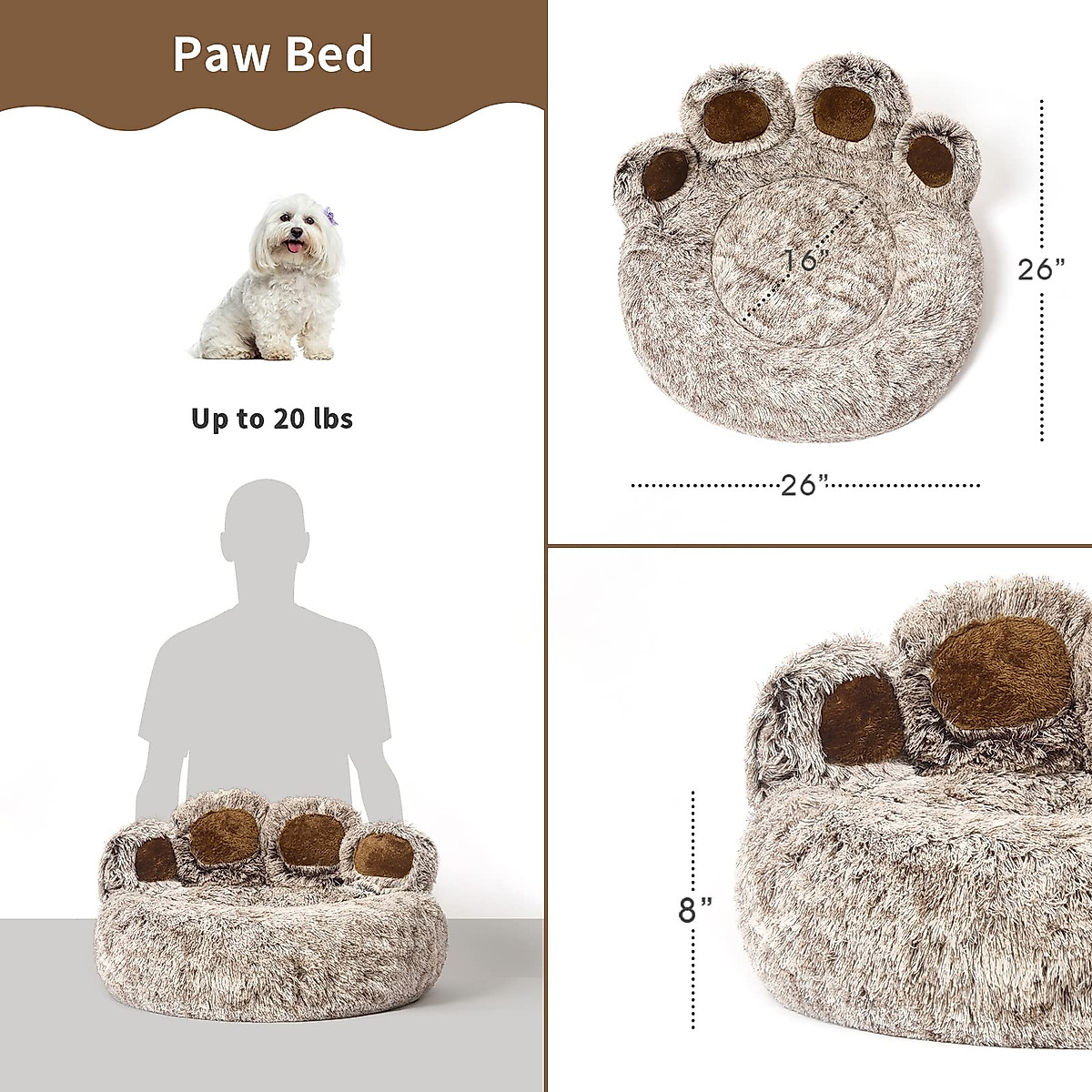 Jiupety Pet Round Bed of Paw Shape, Calming Donut Dog Bed for Medium and Small Dog, Faux Fur Cat Bed, Comfortable and Soft, Machine Washable, Large Size (26"×26"×8"), Gray