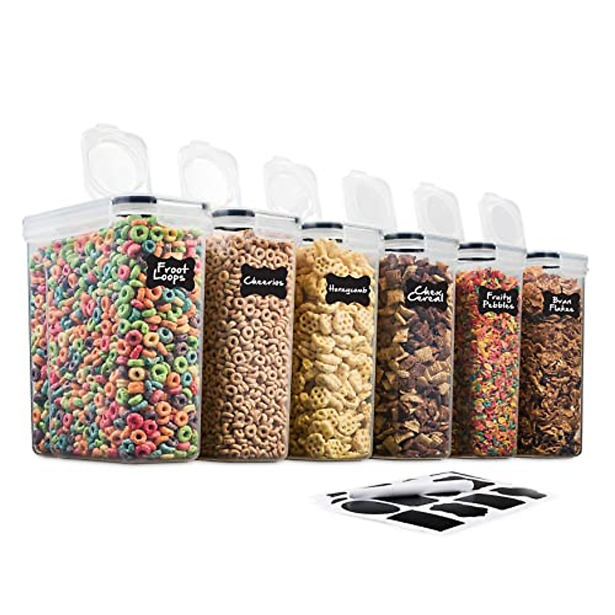 6 Pack Airtight Cereal & Dry Food Storage Container - BPA Free Plastic Kitchen and Pantry Organization Canisters for, Flour, Sugar, Rice, Nuts, Snacks, Pet Food & More (135.5 Oz) Labels & Chalk Marker