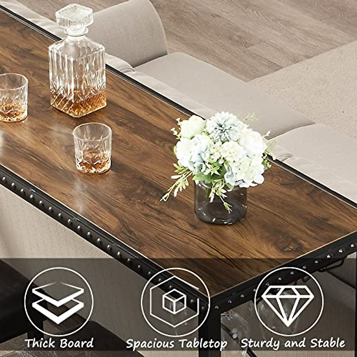 O&K FURNITURE Long Bar Table and Chairs Set, Counter Height Dining Table Set, Console Sofa Table with Stools, Pub Table and Chairs, Brown