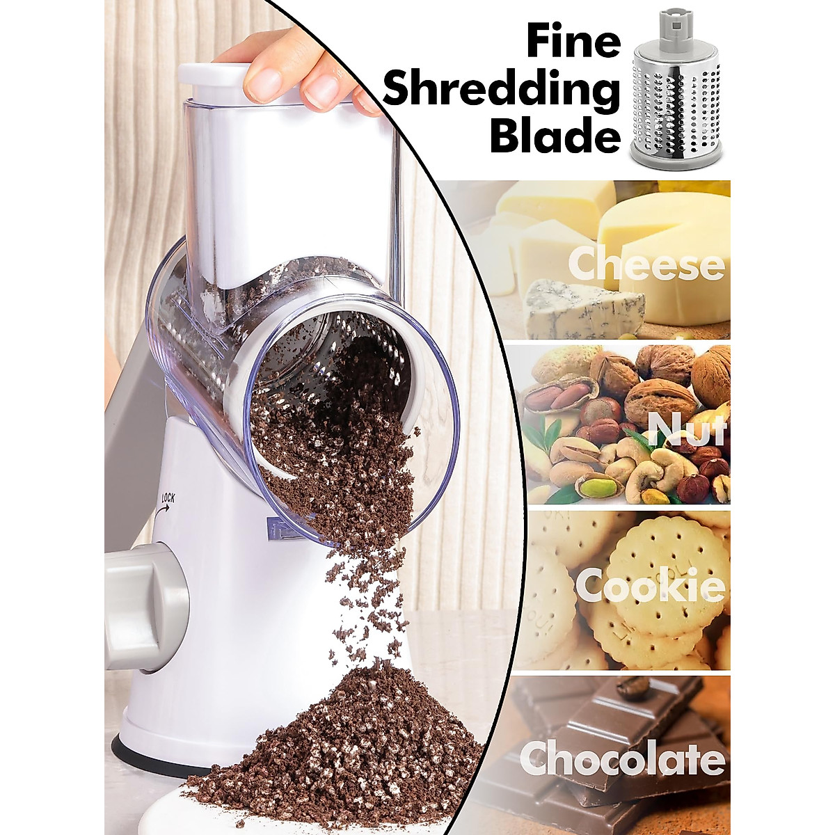 LucGee Rotary Cheese Grater with Handle - 3 in 1 Cheese Shredder Rotary Grater Stainless Steel Handheld, Vegetable Slicer for Fruit, Cheese, Nuts(White)