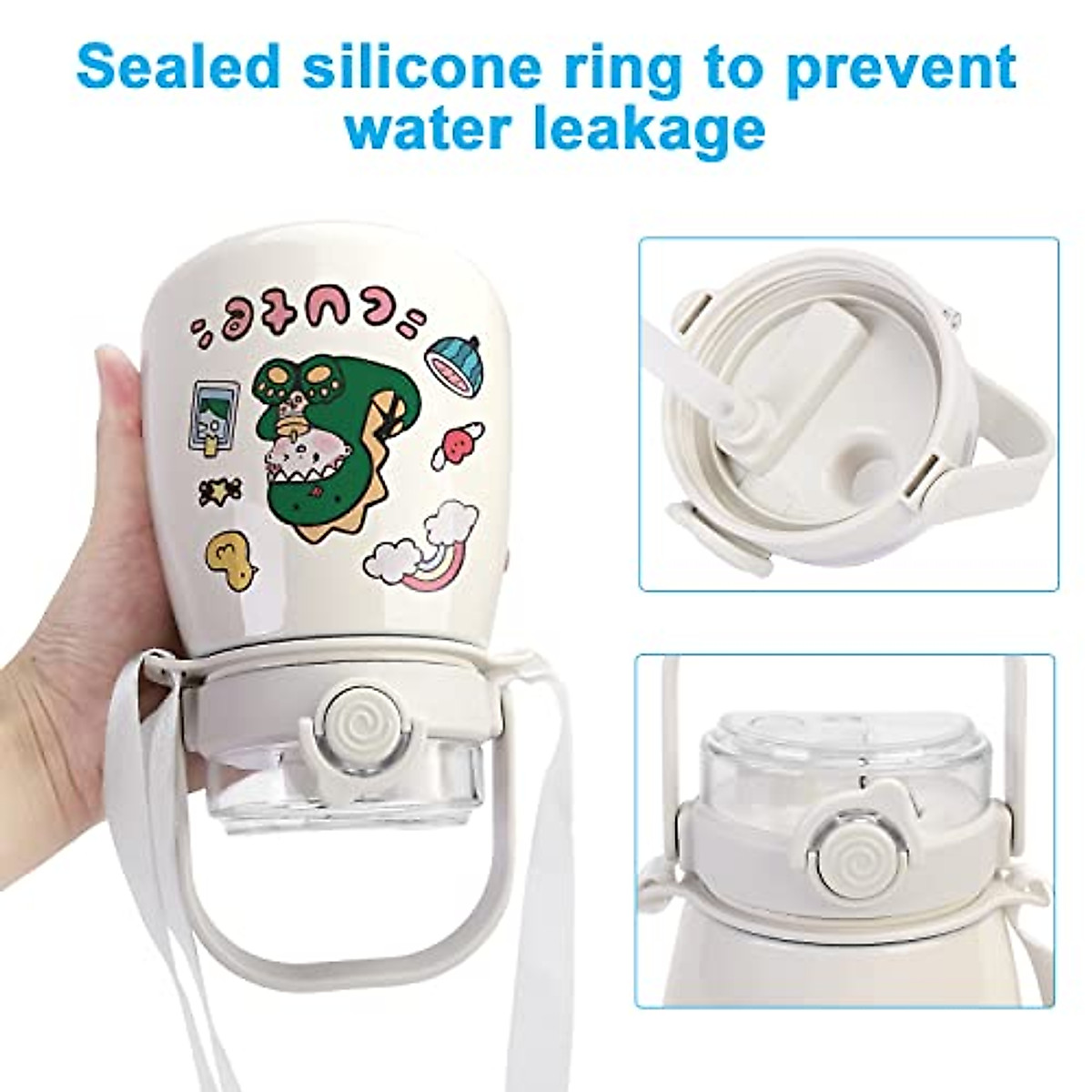 VAlinks Big Belly Stainless Steel Water Bottle with Shoulder Strap, Handle & Cute Stickers, 32oz/900ml Cute Insulated Water Bottle with Straw, Leak Proof Flip-Top Lid Vacuum Bottle, White