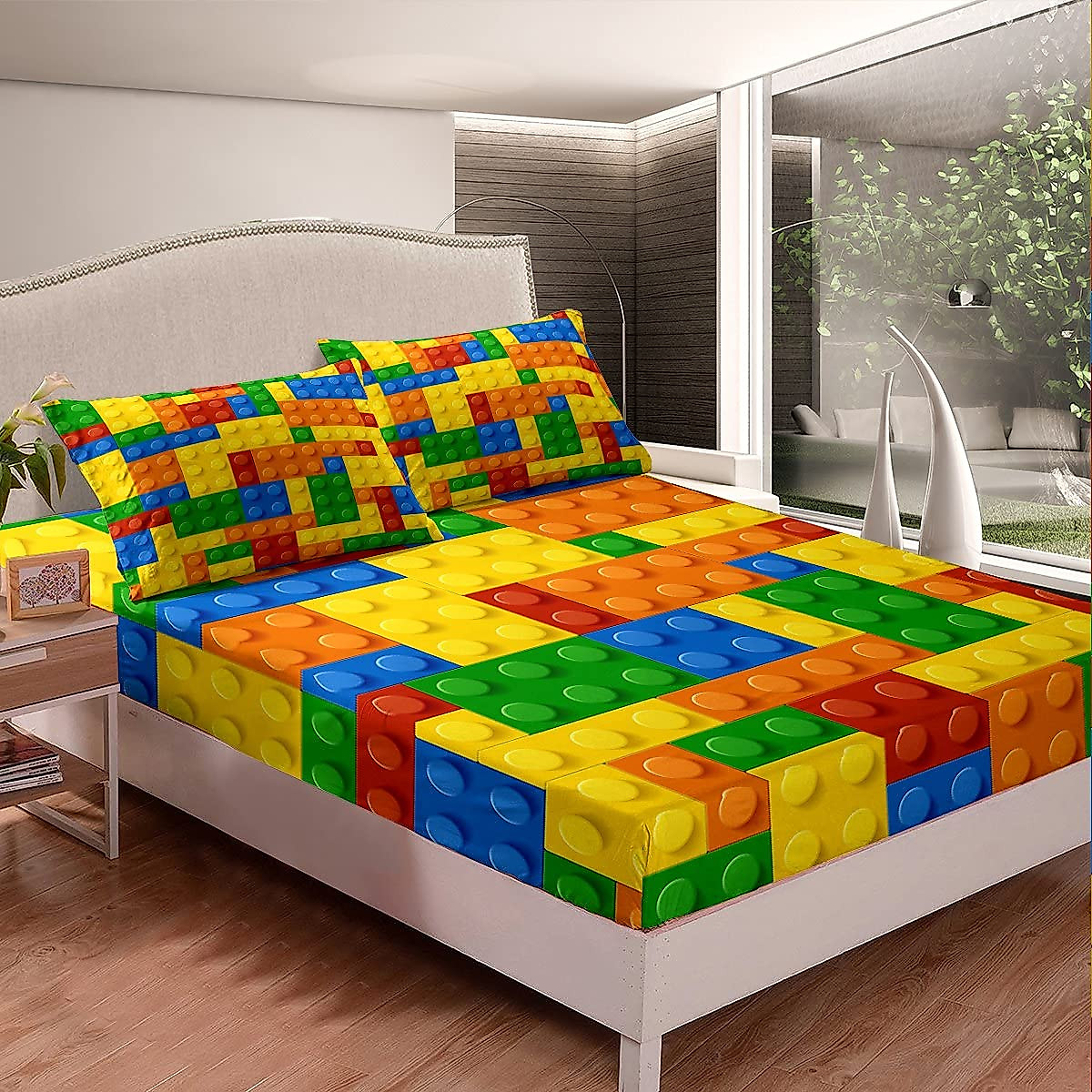 Kids Games Bed Sheet Set Full Size Color Building Blocks Sheet Set Toy Brick Sheets for Boys Girls Bedroom Nursery Bedding Set with Flat Sheet Fitted Sheet Pillowcase 4Pcs