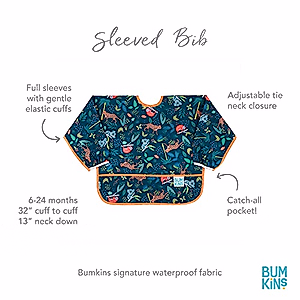 Bumkins Bibs, Baby and Toddler Bibs, Bibs for Girls and Boys 6-24 Months, Long Sleeve Bib, Baby Bibs for Eating, Lightweight Waterproof Fabric Sleeved Smock