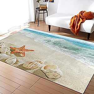 Summer Ocean Beach Area Rug 4x6ft/48x72in/120x180cm,Starfish Seashells Polyester Yoga Mat for Living Dining Dorm Room Bedroom Home Carpet Decor
