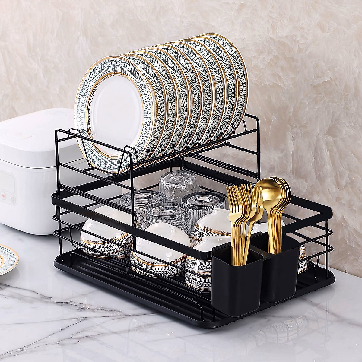 HOMQUEN 2 Layer Dish Drying Rack, Over The Sink Dish Drying Rack, Stainless Steel Dish Racks for Kitchen Counter, Kitchen Dish Drainer with Drainboard and Cup Holder (Black, 16.7''x12.4''x10.5'')