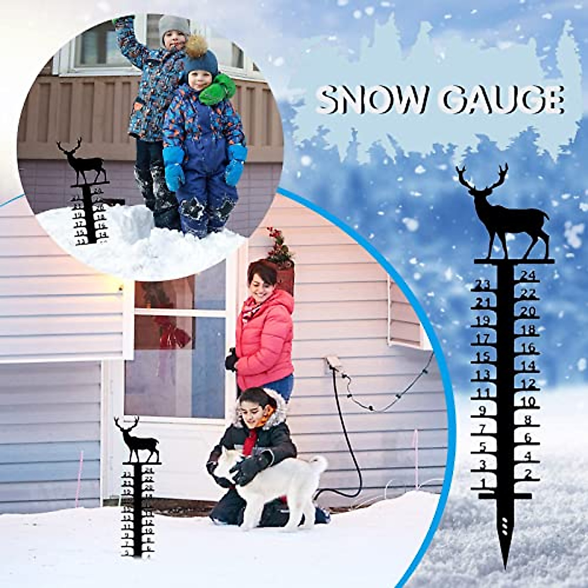Gift 24cm Snowflake Snow Measuring Instrument Snowmobile Snow Measuring Instrument Metal Snow Measuring Ruler Outdoor Garden Ornament Plumb String (Black, One Size)