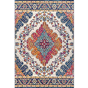 JONATHAN Y BMF106A-4 Bohemian Flair Boho Vintage Medallion Blue/Multi 4 ft. x 6 ft. Area-Rug, Vintage, Easy-Cleaning, for Bedroom, Kitchen, Living Room, Non Shedding