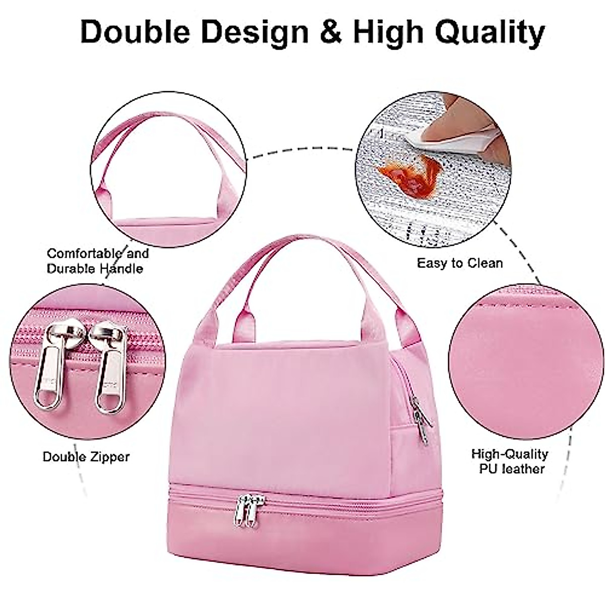 DiiCCi Pink Lunch Box Bag for Women,Double Deck Insulated Lunch Bags for Adult,Small Cute Lunch Bag Tote Bag for Work,Reusable Leakproof Lunch Cooler Bag for Travel Office Picnic Hiking