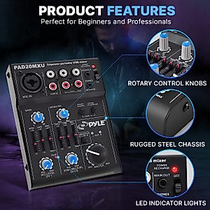 Pyle 5 Channel Audio Mixer - DJ Sound Controller Interface with USB Soundcard for PC Recording, XLR 3.5mm Microphone Jack, 18V Power, RCA Input and Output for Professional and Beginners -PAD20MXU