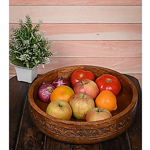 EDHAS Mango Wood Decorative Round Carved Bowl for Decoration, Centerpiece Bowl for Table (10.5" x 10.5" x 2.5")