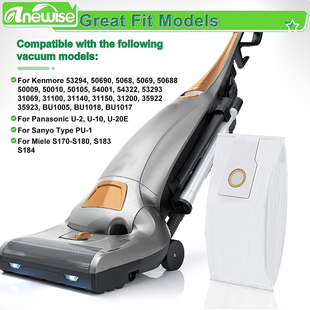 Anewise 53294 Type O Elite Vacuum Bags for Kenmore 5068 50105 Progressive 20-50690 53294 BU1017 31140 31150, 8 Packs Style O HEPA Cloth Upright Vacuum Bag