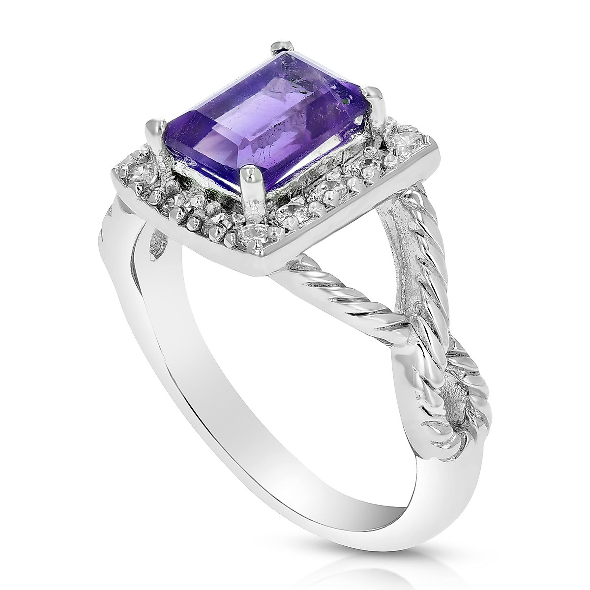 VIR JEWELS 1/2 cttw Purple Amethyst Ring .925 Sterling Silver with Rhodium Emerald 7x5 MM Size 5
