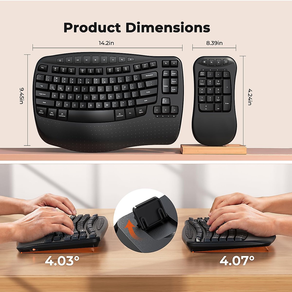Meetion Master Wave Keys Ergonomic Wireless Keyboard, 2.4G Wireless/Bluetooth Split Keyboard with Wrist Rest, Separate Mini Numeric Keypad for Financial Accounting, for Mac/Windows/Laptop/PC/Tablet ﻿