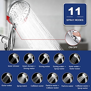 High Pressure Handheld Shower Head 11 Spray Settings, 4.85 inch Pause Switch Water Saving Shower Head, Removable High Flow Bathroom Showerhead with Long Hose and Adjustable Bracket(Chrome)