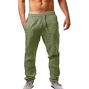 Mens Casual Pants - Plus Sized Lightweight Moisture Wicking Cotton Linen Elastic Waistband Drawstring Trousers(S-4XL)