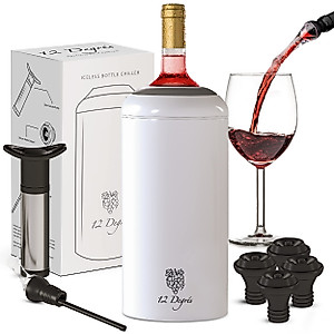 12 Degrés Wine Chiller Set - Perfect Wine Gifts for Women & Men - Stainless Steel Insulated Wine Cooler with Wine Pump, Aerator & 4 Stoppers (White Matte)
