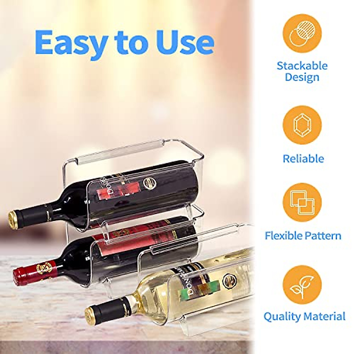 Sutekus 6 Pack Stackable Wine Rack Wine Holder Water Bottle Holder Plastic Counter Top Storage Organizer for Fridge, Cabinet, Pantry, Kitchen