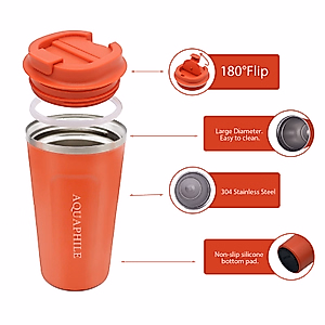 AQUAPHILE Reusable Coffee Cup, Coffee Travel Mug with Leak-proof Lid, Thermal Mug Double Walled Insulated Cup, Stainless Steel Portable Coffee Tumbler, for Hot and Cold Drinks（Orange,12oz)