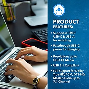 OREI 3 Port KVM Switch 4K@60Hz, 1 USB-C DP Input, 2 HDMI Inputs & 4 USB 2.0 Ports to Connect Flash Drives, Printers and Keyboard-Mouse (UKM-301C)