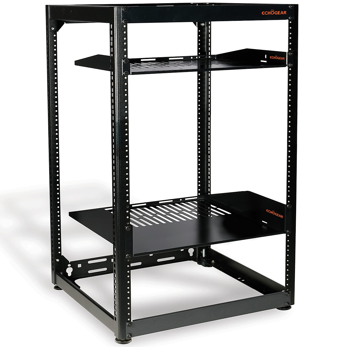 ECHOGEAR 20U Open Frame Rack for Servers & AV Gear - Wall Mountable Design Includes 2X Vented Shelves, 25x Rack Mounting Screws, 4X Leveling Feet, 4X Shelf Stops, & 2X Securement Straps