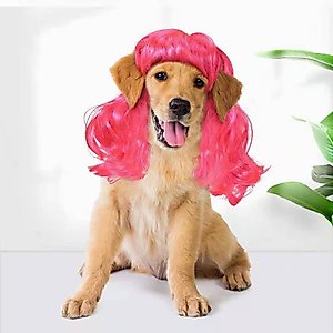 Funny Dog Cat Cosplay Wig, Pet Wigs for Halloween, Christmas, Parties, Festivals, Dog Wigs for Small Medium and Large Dogs（Rose Red Long Curly Hair）