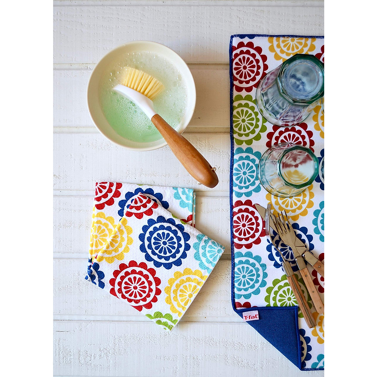 T-fal Textiles Highly Absorbent 100% Cotton Double Sided Printed Dish Cloths, 12" x 12", Set of 2, Medallion Red/Multi