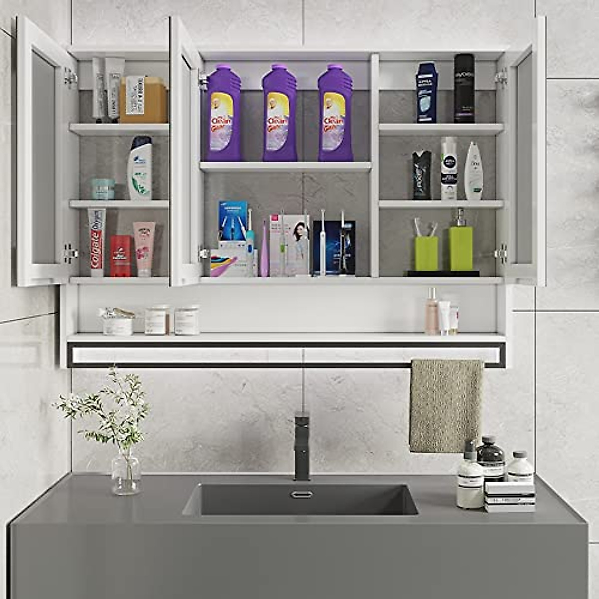 ZJIEX Medicine Cabinet, LED Bathroom Mirror Cabinet, Anti-Fog 32x28in Wall Mirror with Mirror Doors & Towel Bar, Multipurpose Storage Organizer (Color : Black, Size : 40x28in/100x70cm)