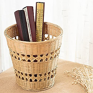 Yardwe Bamboo Woven Wastebasket Round Trash Can Wicker Waste Basket Garbage Container Bin for Bathrooms Kitchens Home Offices (Wood Color)