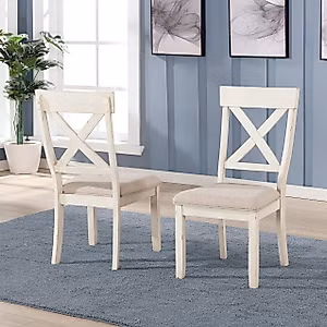Roundhill Furniture Prato Wood Cross Back Upholstered Dining Chairs, Set of 2, Antique White and Tan