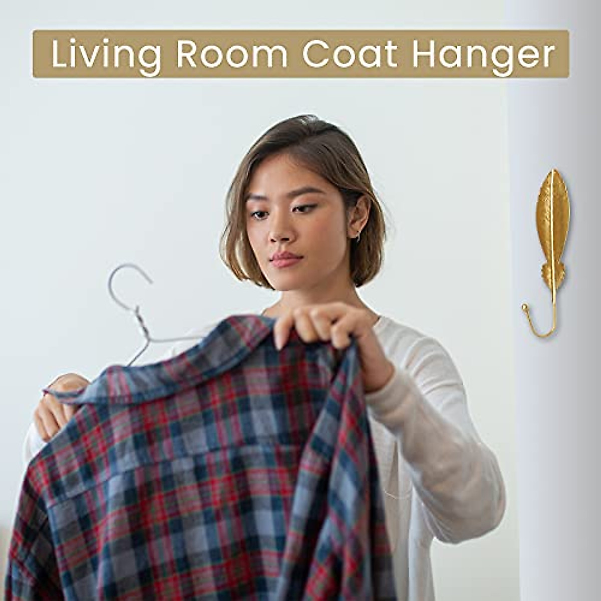 ORYOUGO Set of 8 Decorative Leaves Iron Hooks Plant Modern Key Holder Wall Mounted Single Prong Coat Hanger for Hallways, Living Room, Green+Gold