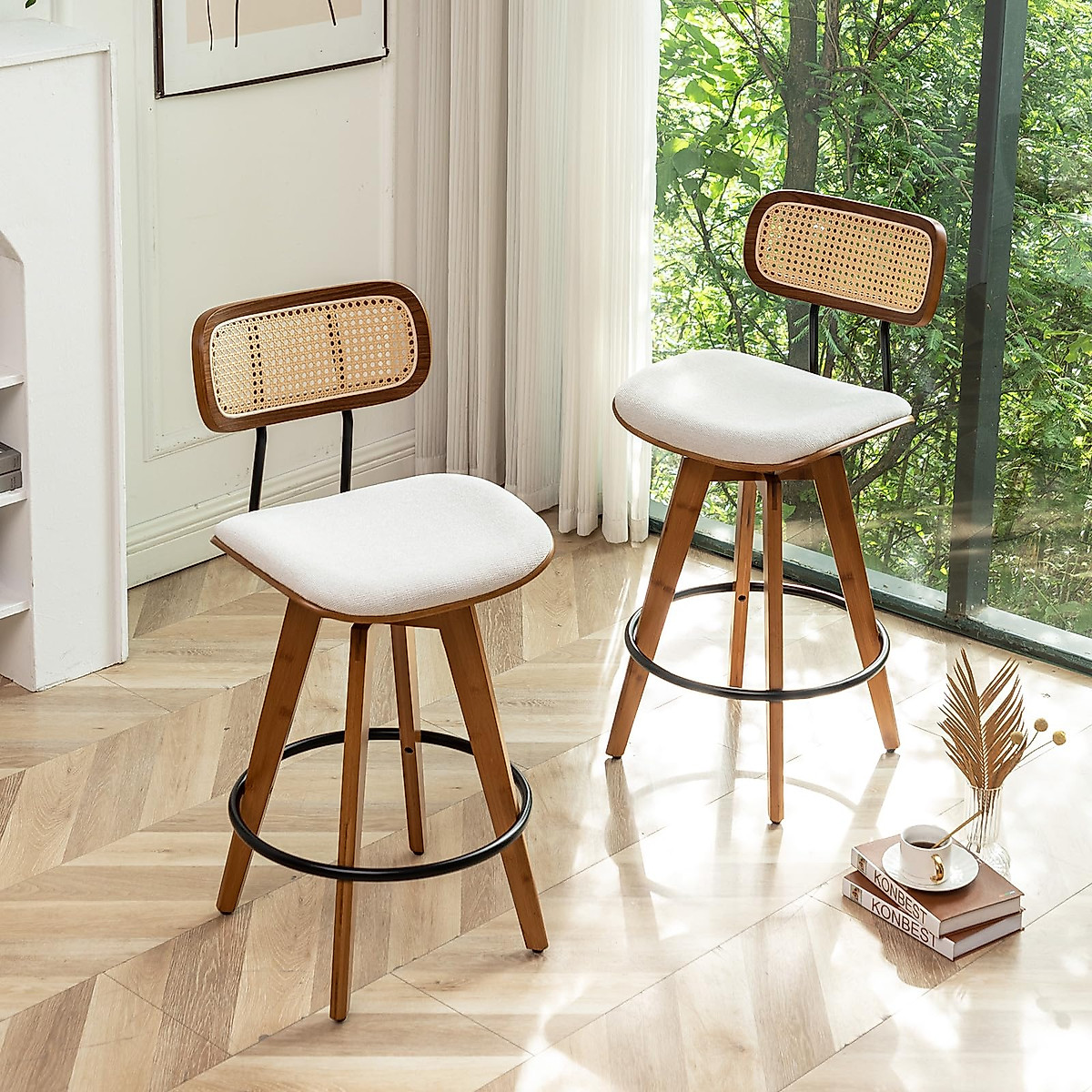 YOUUGIOR 26" Rattan Bar Stools Set of 2, Linen Fabric Counter Height Swivel Barstools with Rattan Backrest and Wooden Legs,Armless Mid Century Modern Bar Chairs for Kitchen/Dining Room/Bar(Beige)