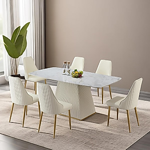 71" Modern Dining Table for 6, Kitchen & Dining Room Table, Sintered Stone Tabletop and Solid Wood Frame & PU Leather Wrapped Marble Dining Table