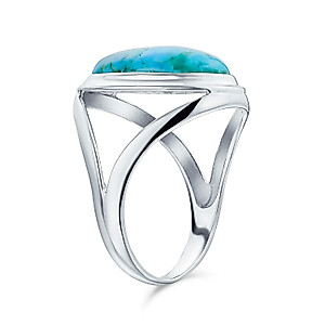 Simple Southwest Boho Style Large Dome Oval Cabochon Gemstone Bezel Set Blue Turquoise Western Statement Ring For Women Split Band .925 Sterling Silver