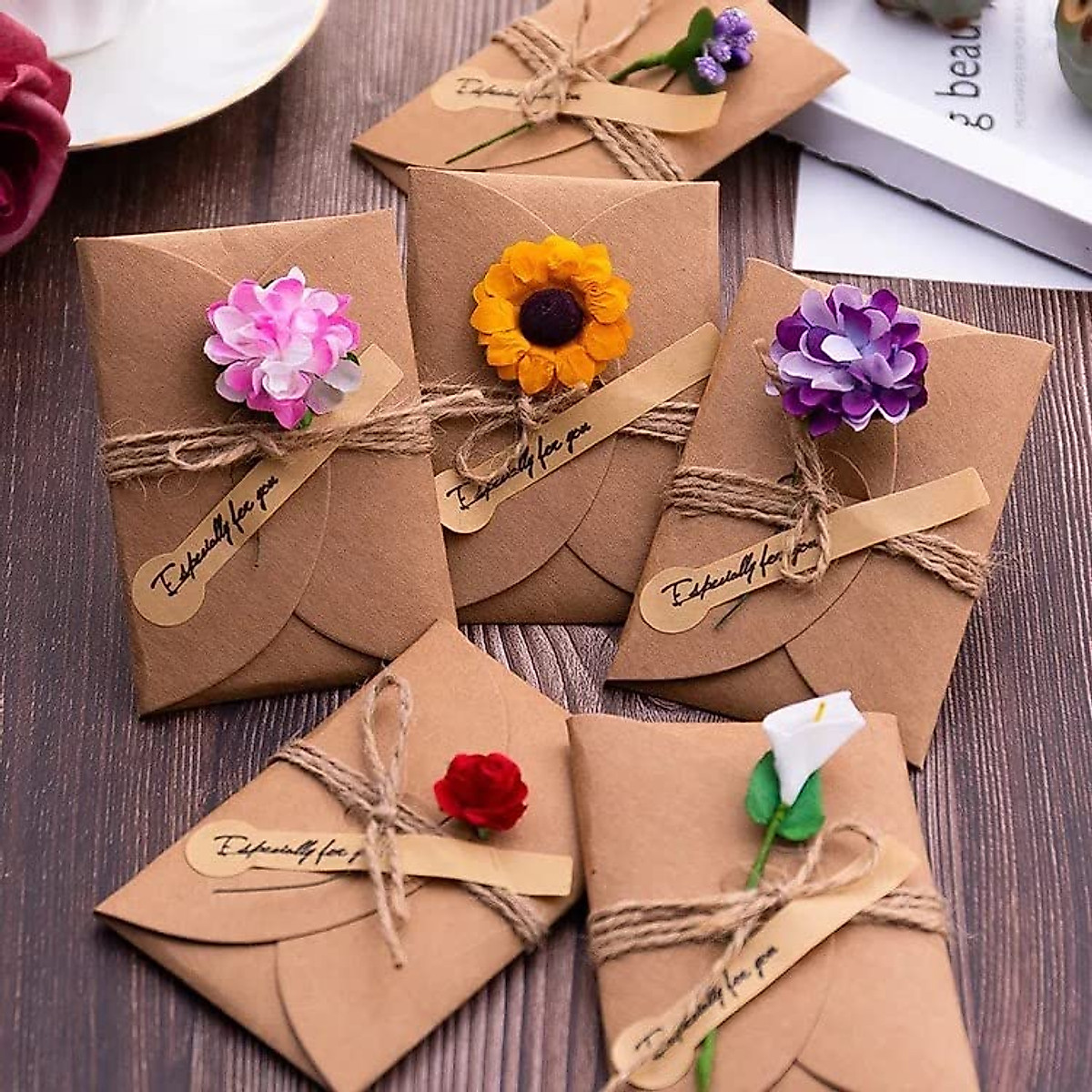 Ksix 10Pcs 4.3x6.9 Inchs Handmade Vintage Kraft Blank Note Card Thank Notes, Greeting Card, Paper Flowers Greeting Cards, Handmade Invitation Card, Birthday Party Invitation Card With Envelopes