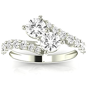 1 1/2 Carat t.w. Twisting Pave Set 2rue Love 2 Stone Collection Round 14K White Gold Diamond Engagement Ring (J Color, I2 ClarityCenter Stones)