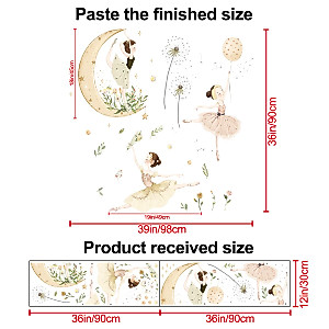 2 Sheets Ballet Girls Wall Stickers 3D Moon and Flower Wall Decals DIY Removable Dandelions Wall Sticker for Kids Baby Girls Bedroom Nursery Living Room TV Background Kids Rooms Home Wall Decoration