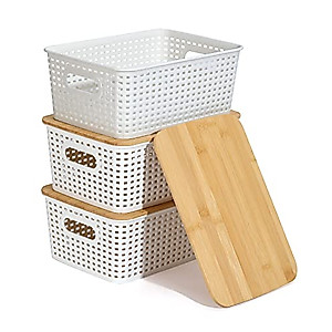 EOENVIVS Plastic Storage Baskets With Bamboo Lid Pantry Organization and Storage Containers Lidded Organizer Bins Small Baskets for Shelves Drawers Desktop Closet Playroom Classroom Office, 3 Pack
