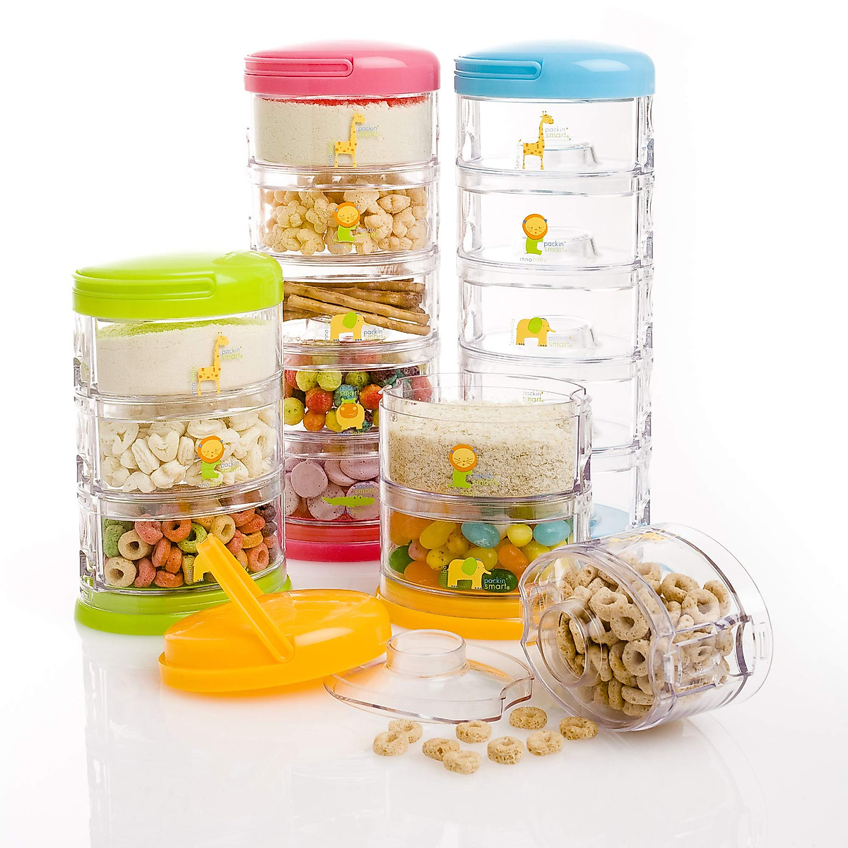 Innobaby Packin' Smart Stackable and Portable Storage System for Formula, Baby Snacks and More. Set of 5 Stackable Containers in Strawberry Sorbet. BPA Free.