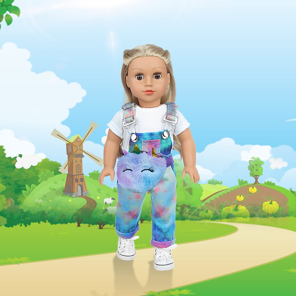 ZITA ELEMENT 7 Pcs 18 Inch Girl Doll Clothes and Accessories - 18 Inch Doll Clothes with Fanny Pack Toy Tablet Phone Camera and Kids Unicorn Backpack - Best Gift for Girls (No Doll)