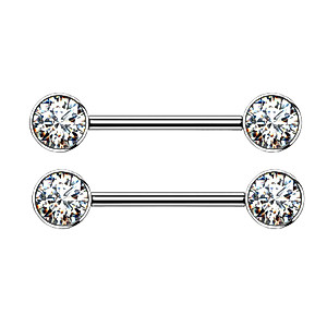 Pierced Owl 14G Implant Grade Titanium Internally Threaded Bezel Set Crystal Nipple Barbells, Sold as a Pair (Clear)