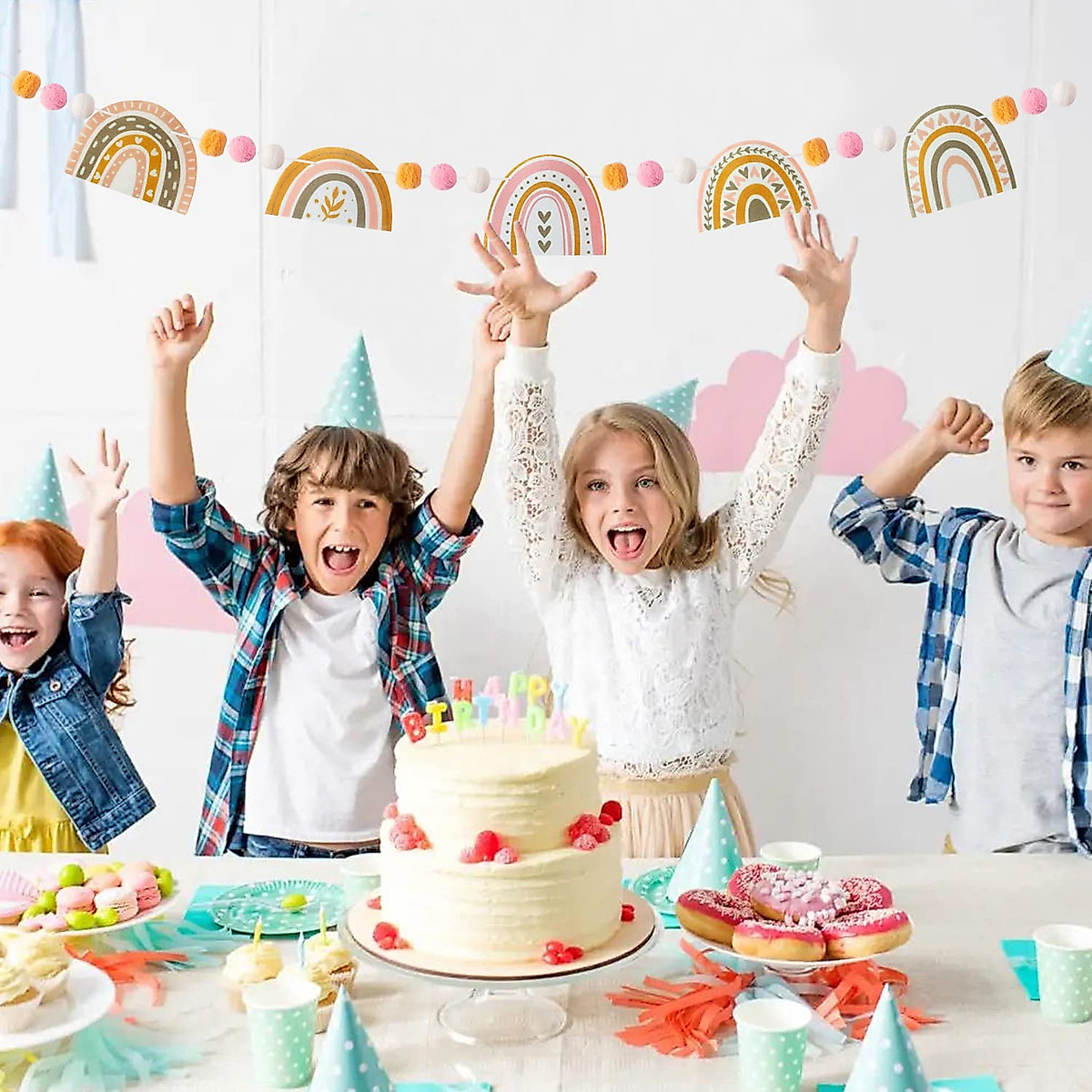 JAPBOR Boho Rainbow Banner, Bohemian Wall Hanging Garland and Felt Balls Decor Supplies for Baby Shower Birthday Party Summer Festivals Wedding Bedroom Home Classroom Decorations