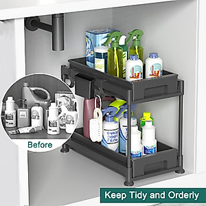 LBW 2 Packs Under Sink Organizer and Storage, 2 Tier Sliding Bathroom Cabinet Organizers Multi-Purpose Kitchen Organization and Storage，Drawer Pantry Organizer with Hooks,Black (Pack of 2)