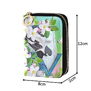 susiyo Spring Bird Flower Birdhouse Credit Card Wallet, RFID Blocking Compact Women Leather Card Holder Zipper Purse