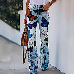 Embroidered Jeans for Women，Women's Bell Bottom Jean Embroidery Mid Rise Wide Legs Jeans Distressed Skinny Classic Flare Plus Size Denim Pants，High Waisted Black Jeans