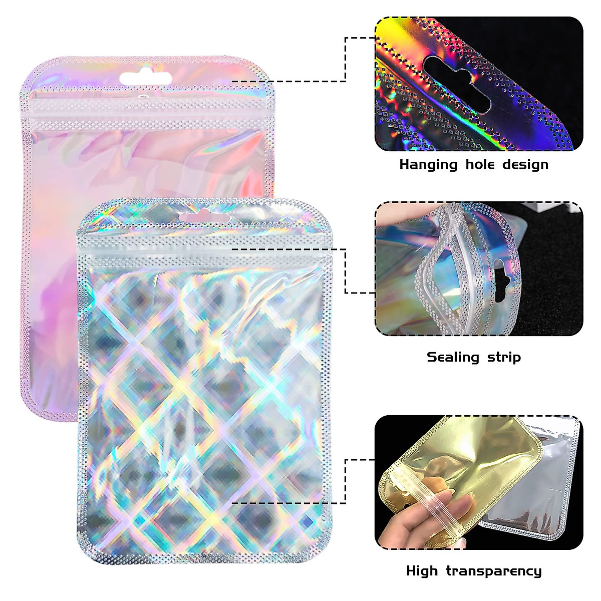 itechpanda 100 PCS Resealable Holographic Zip Lock Mylar Bags, 4 x 5.8 Inch PVC Plastic Self-seal Zipper Waterproof Bags for Jewelry, Samples, Candy, Small Parts & Party Favor Food Storage