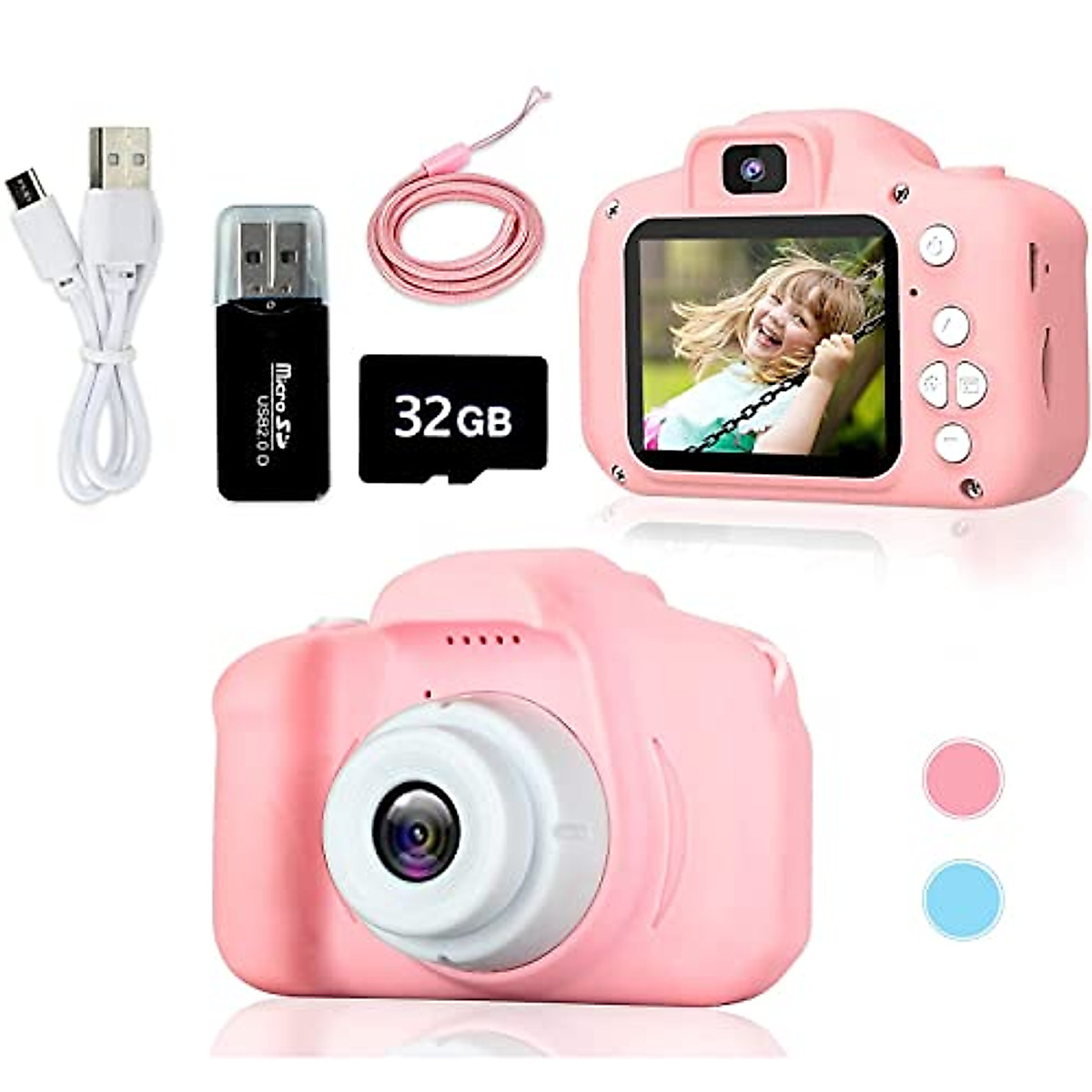 Gridspace Upgrade Kids Camera Toys for 3 4 5 6 7 8 9 Year Old Girl Christmas Birthday Gift Digital Video Camera,Mini Play Video Camera with 1080P HD 2 Inch Screen with 32GB Card