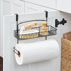 mDesign Over Cabinet Paper Towel Holder with Multi-Purpose Basket Shelf - Hanging Storage Organizer for Kitchen, Pantry, Laundry, Garage - Holds Dish Soap, Cleaners, Sponges - Metal Wire - Black