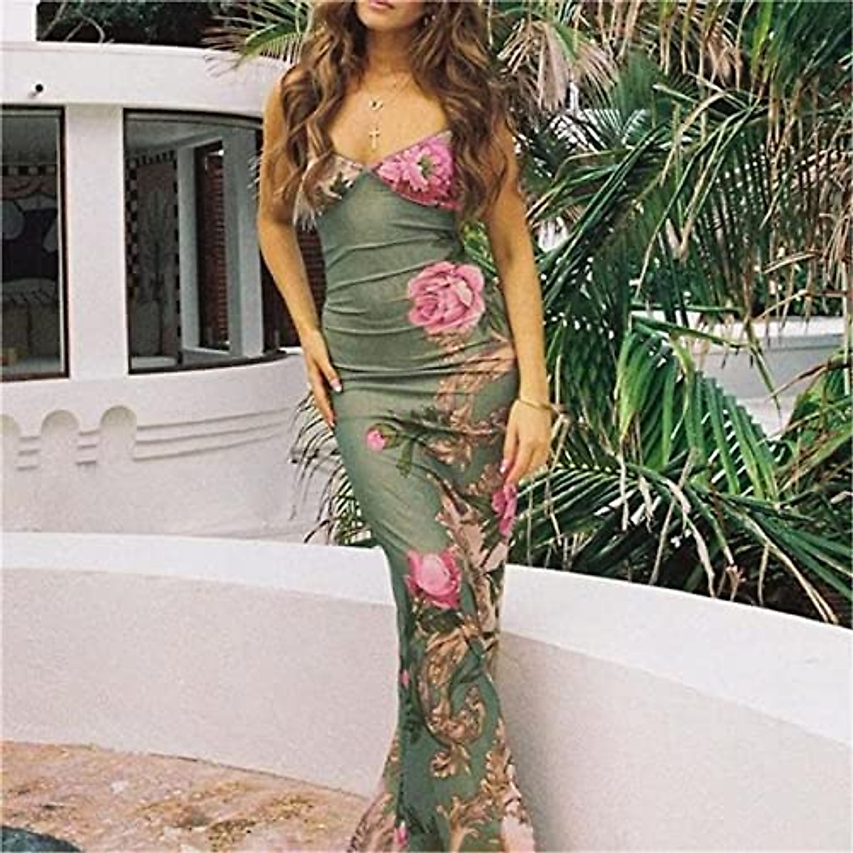 ABINGOO Women Vintage Spaghetti Strap Maxi Dress Sexy Low Cut Backless Floral Satin Slip Long Dress Y2k Cami Bodycon Dresses 8-Green Floral L