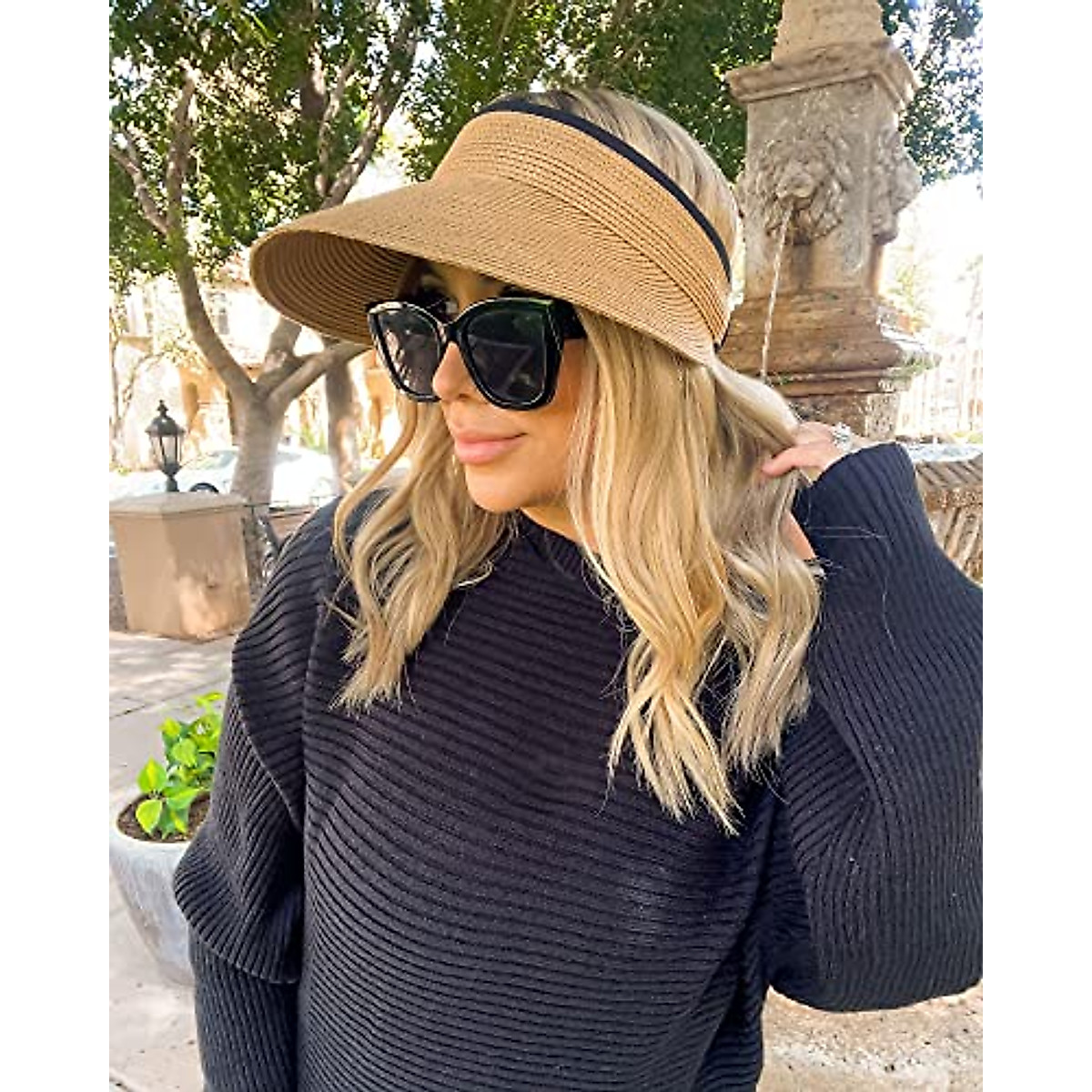 FURTALK Hat Straw Sun Visors for Women Summer Packable Ponytail Beach Hats for Travel UPF 50+ (Wide Brim Khaki, One Size)