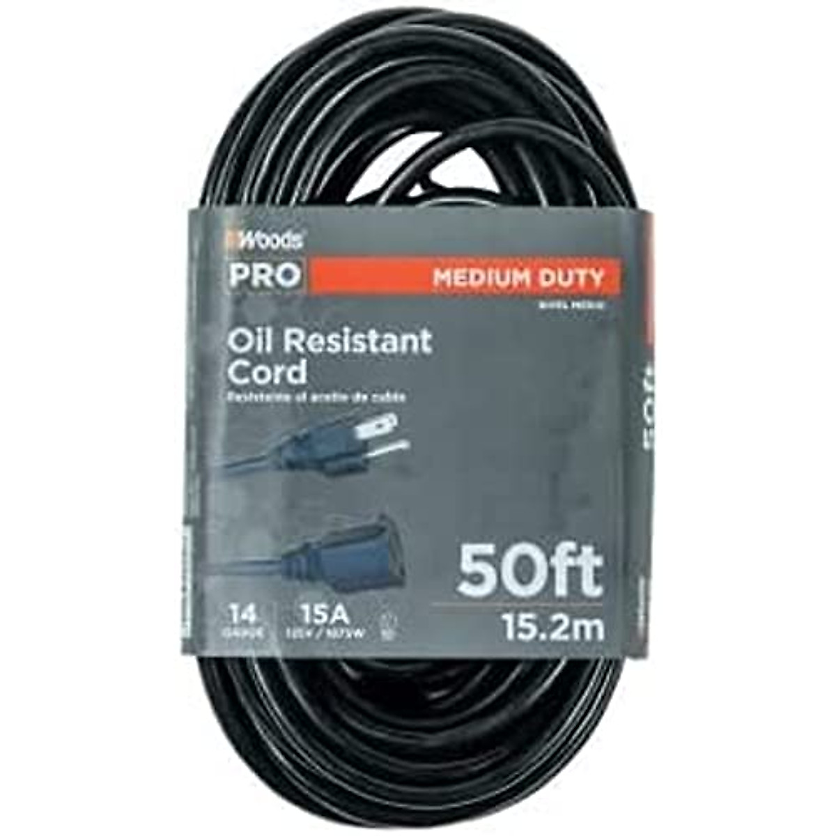 Woods 982452 50-Foot SJTOW Agricultural Outdoor Heavy Duty All- Weather Extension Cord, Oil Resistant Vinyl Jacket, Versatile Use, Powerful 15 Amps, 125 Volts, 1,875 Watt Extension Cord, Black